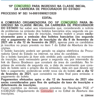 Concurso PGE RJ: prazo para emissão e pagamento de boleto prorrogado