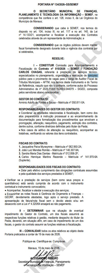 Concurso ISS Manaus: comissão fiscalizadora do contrato formada!